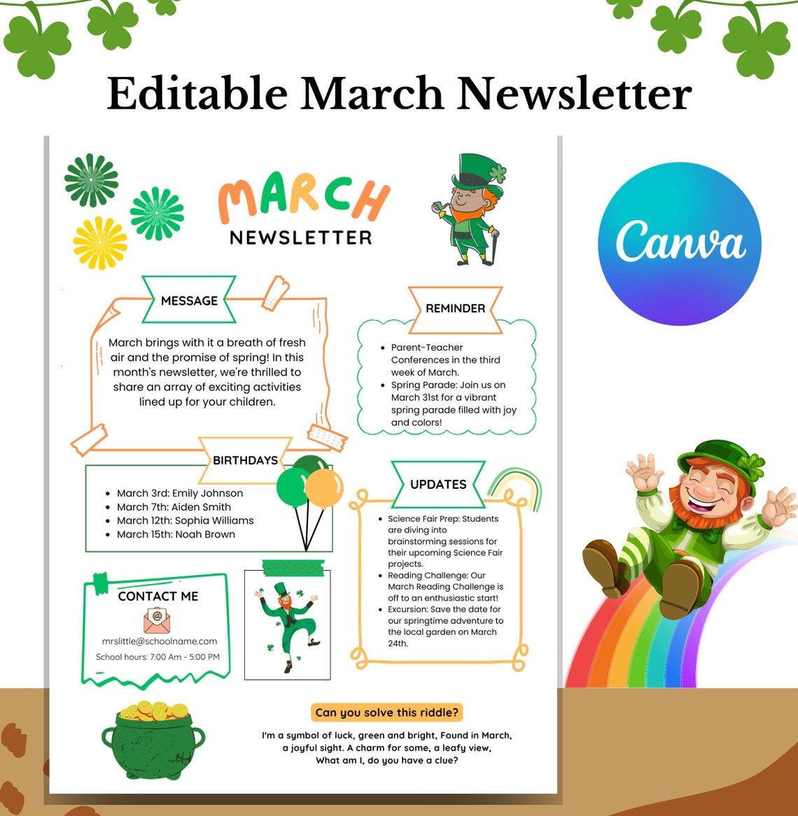 March Newsletter Template, Editable Newsletter, Monthly Newsletter ...