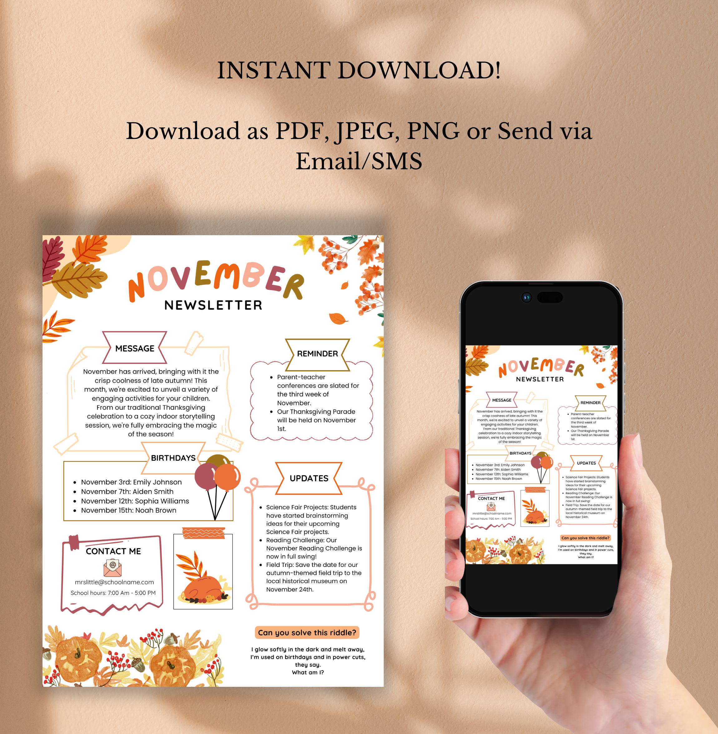 November Newsletter Template, Editable Newsletter, Monthly Newsletter ...