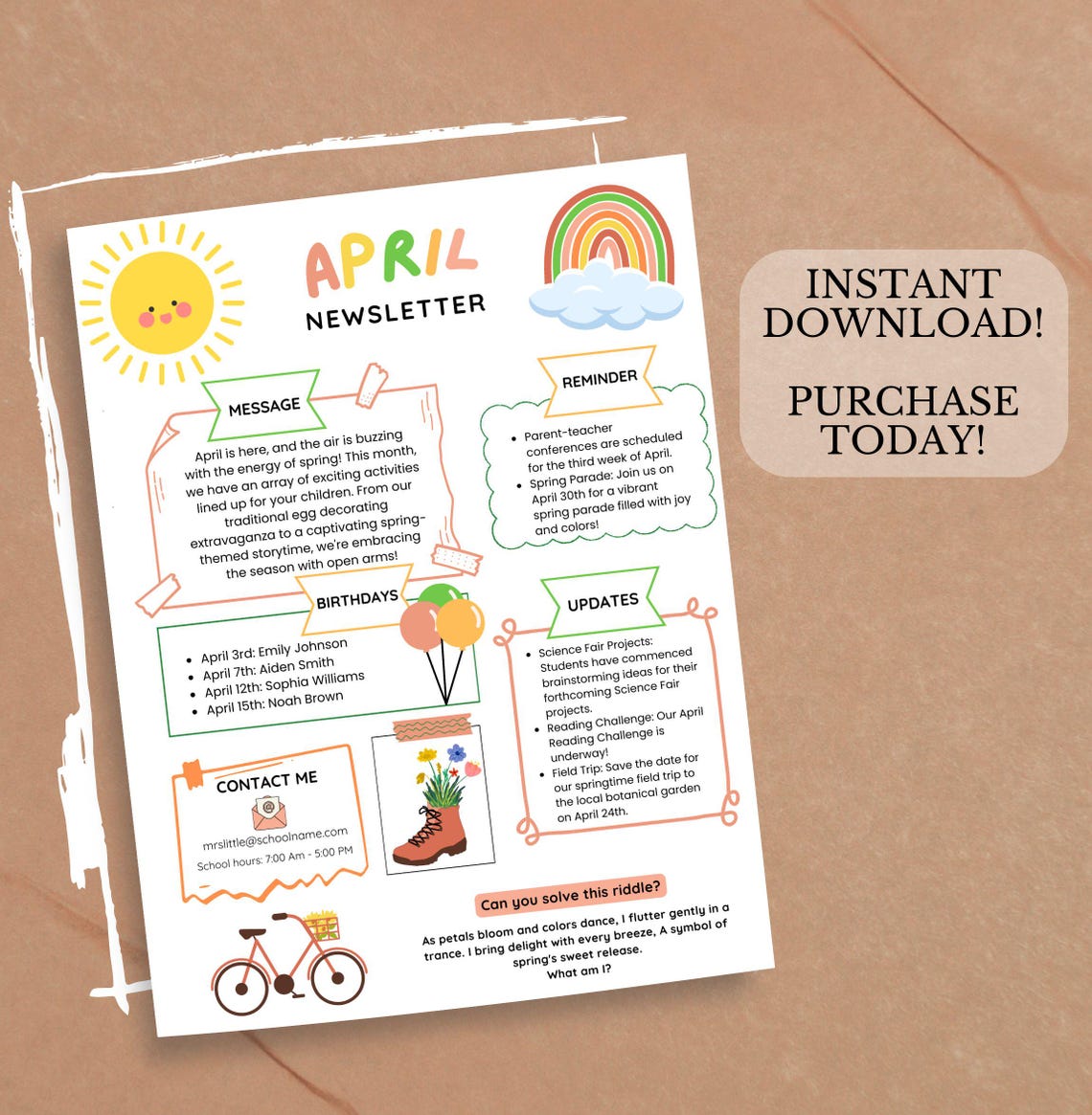 April Newsletter Template, Editable Newsletter, Monthly Newsletter ...