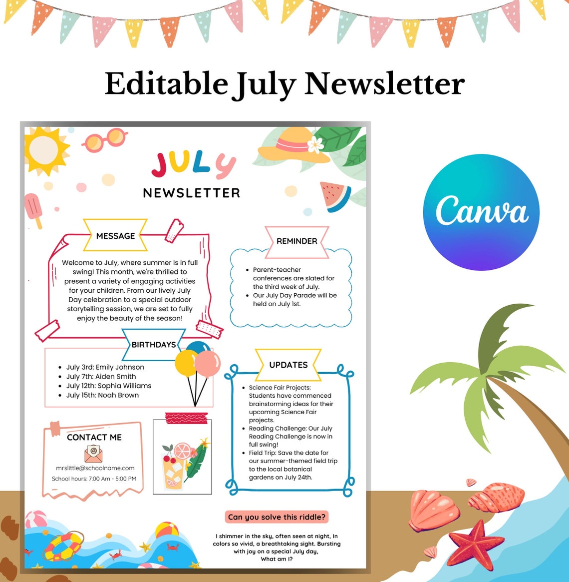 July Newsletter Template, Editable Newsletter, Monthly Newsletter ...