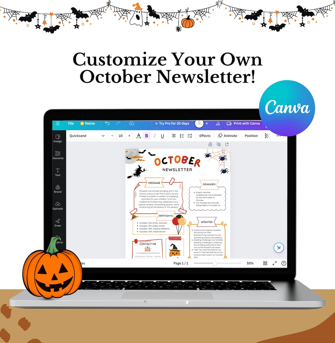 October Newsletter Template, Editable Newsletter, Monthly Newsletter ...