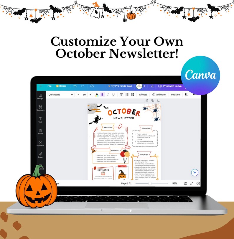 October Newsletter Template, Editable Newsletter, Monthly Newsletter ...