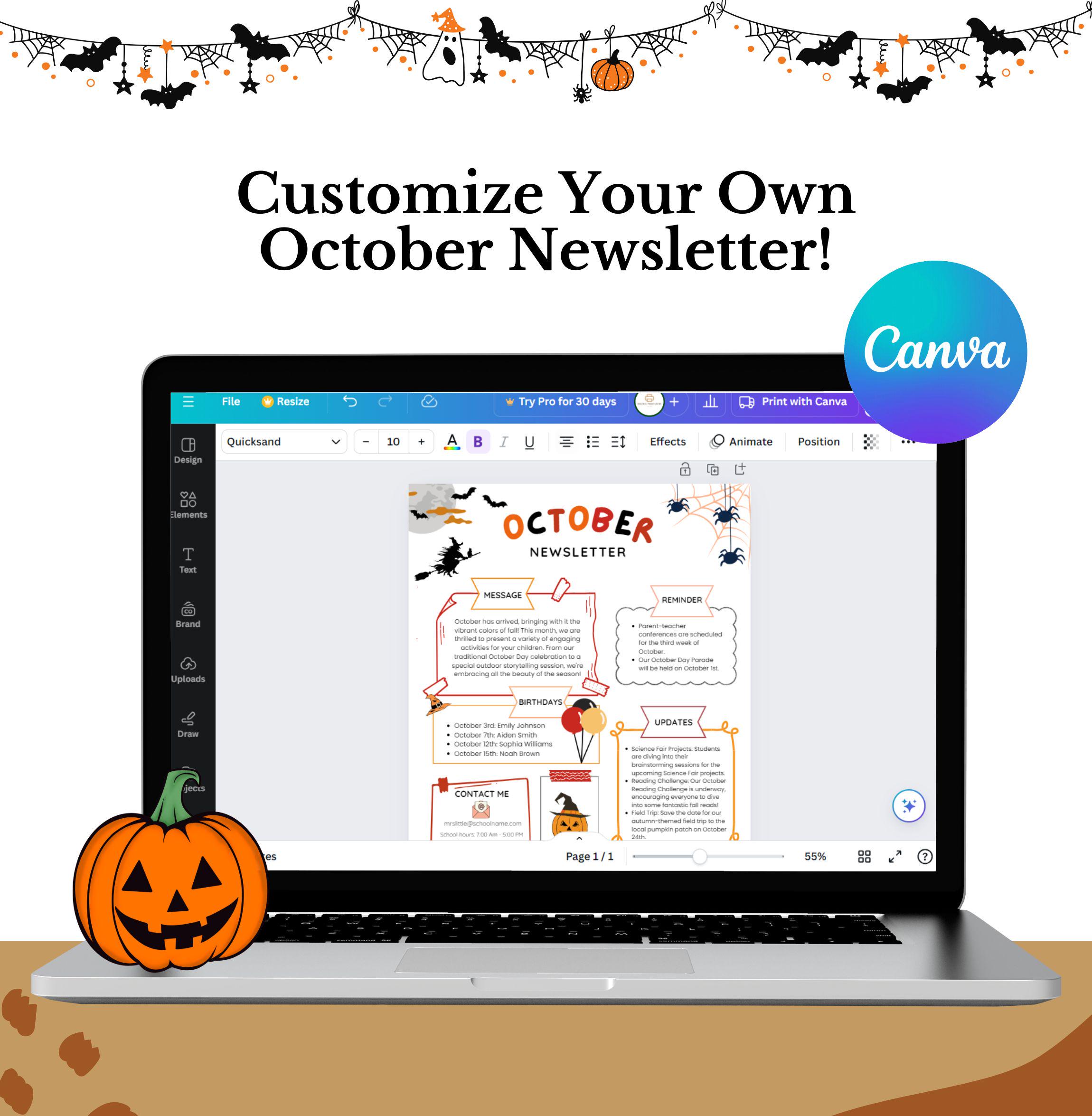 October Newsletter Template, Editable Newsletter, Monthly Newsletter ...