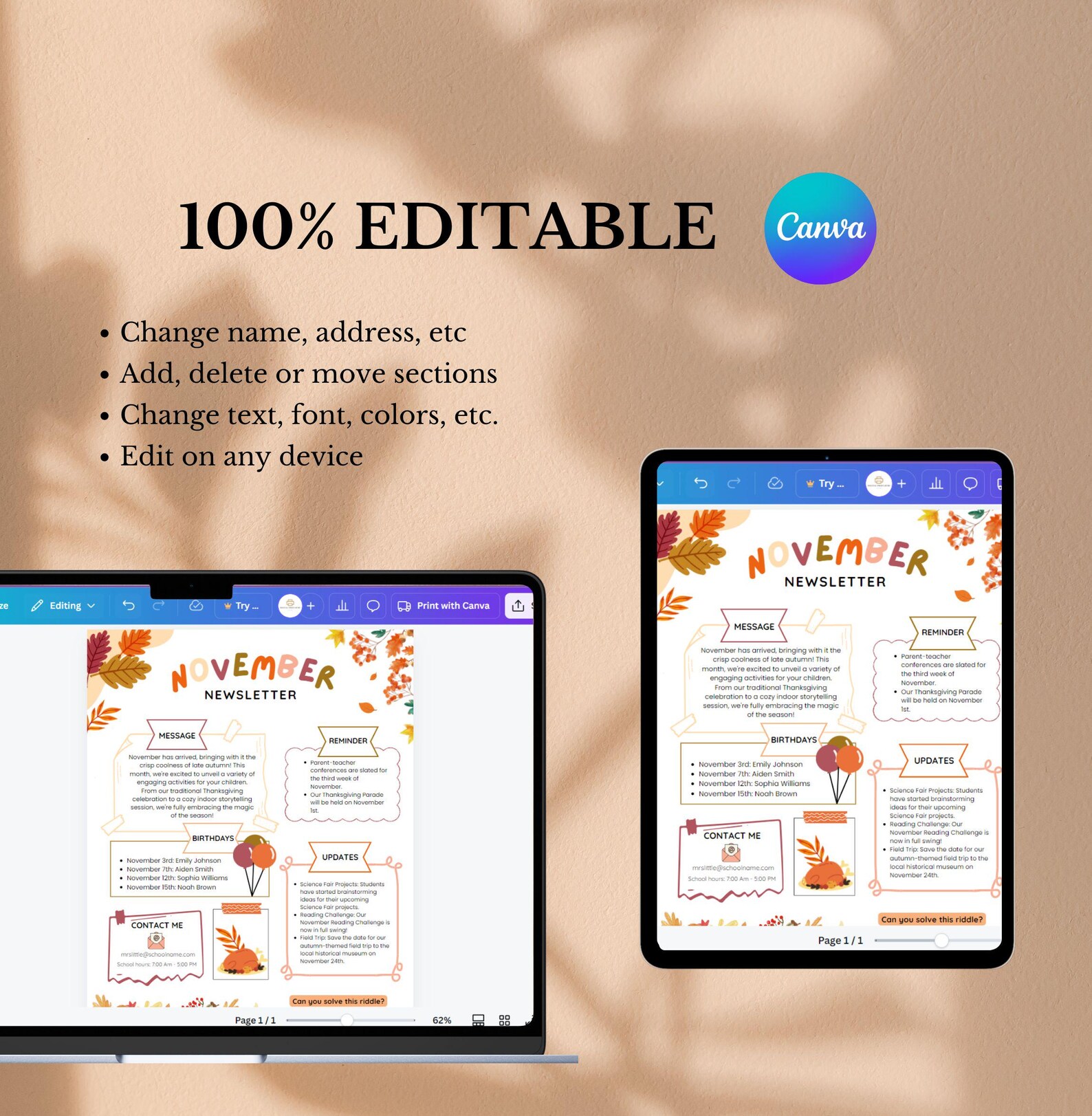 November Newsletter Template, Editable Newsletter, Monthly Newsletter ...