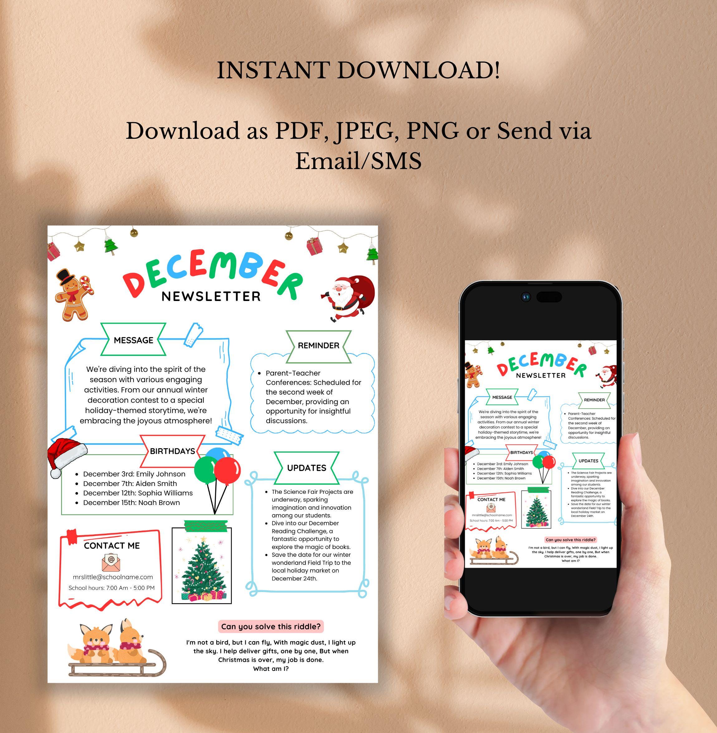 December Newsletter Template, Editable Newsletter, Monthly Newsletter ...