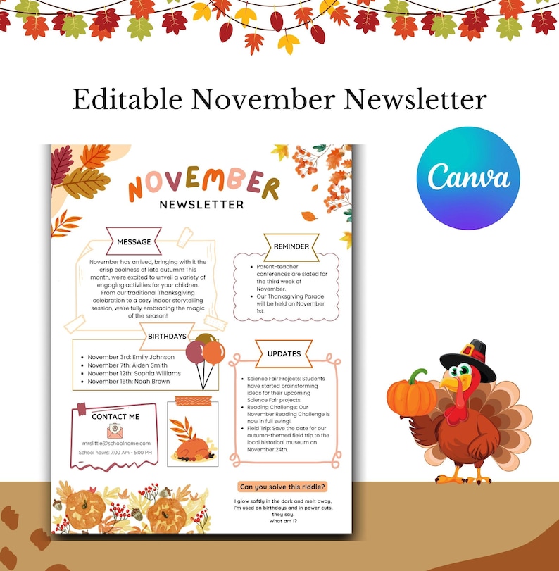 November Newsletter Template, Editable Newsletter, Monthly Newsletter ...