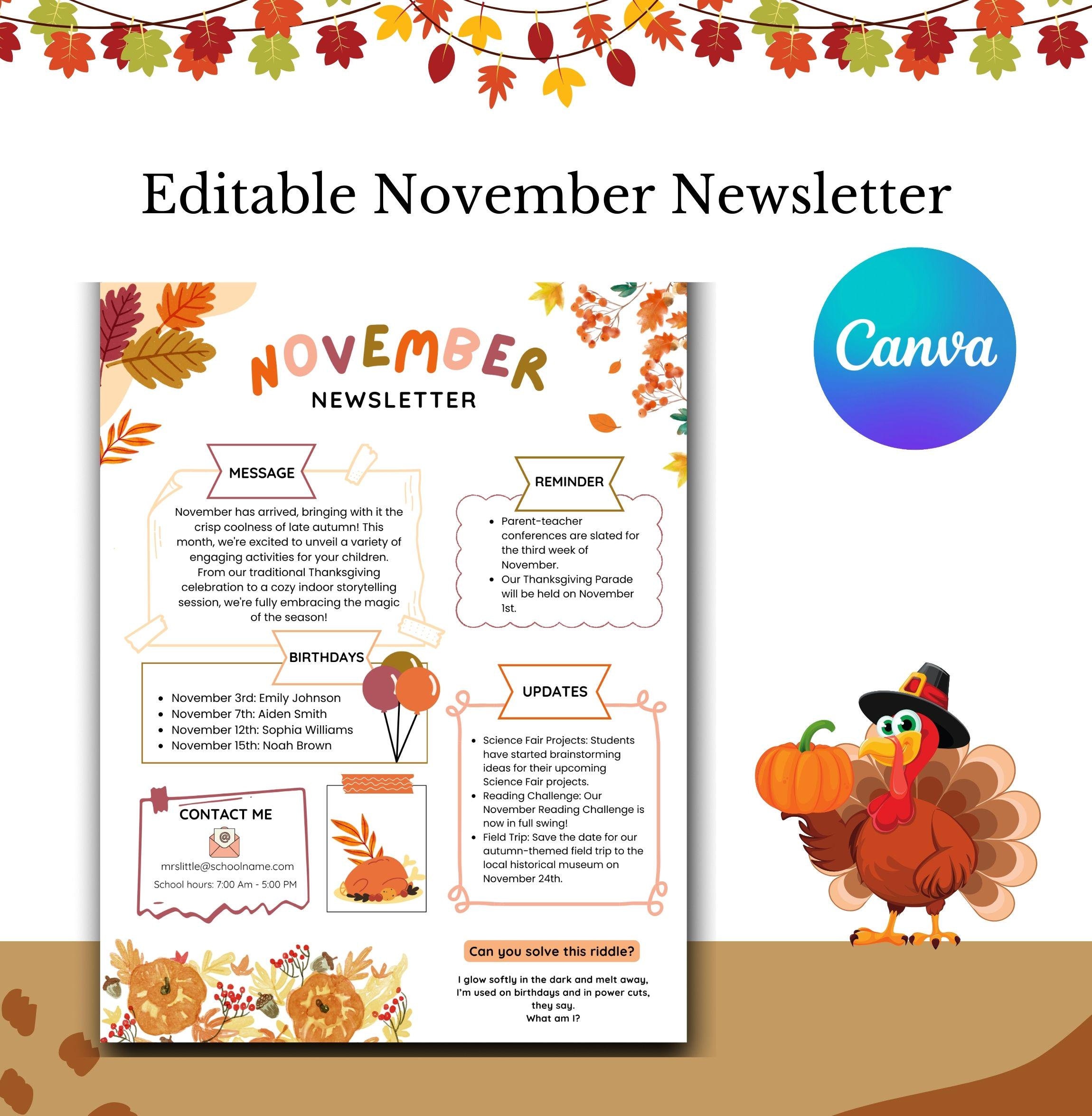 November Newsletter Template, Editable Newsletter, Monthly Newsletter ...