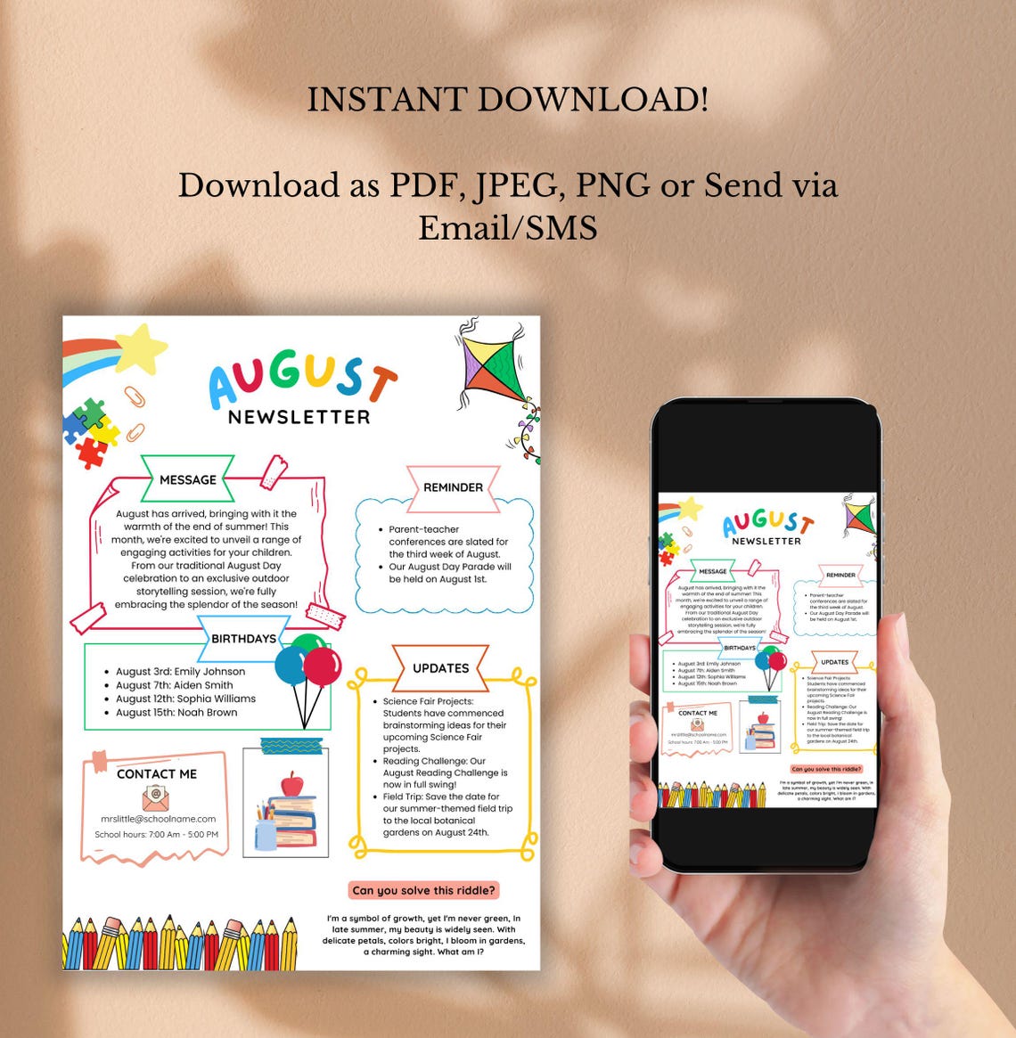 August Newsletter Template, Editable Newsletter, Monthly Newsletter ...