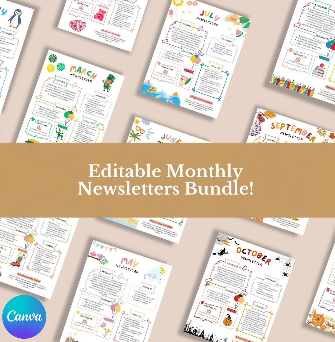 Monthly Newsletter Template Bundle, Editable Newsletter, Monthly ...