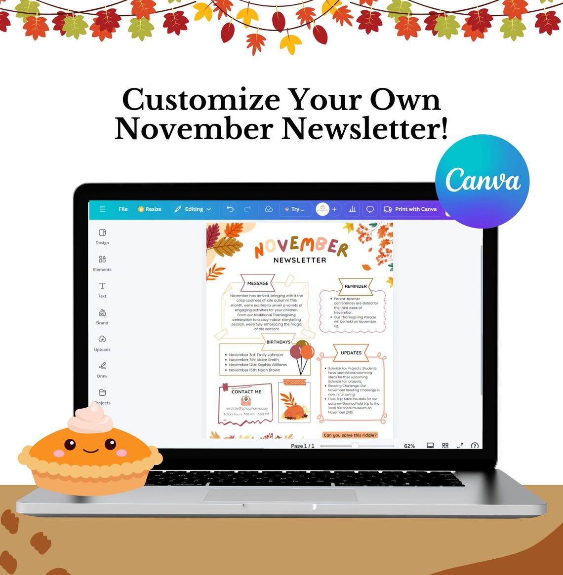 November Newsletter Template, Editable Newsletter, Monthly Newsletter ...