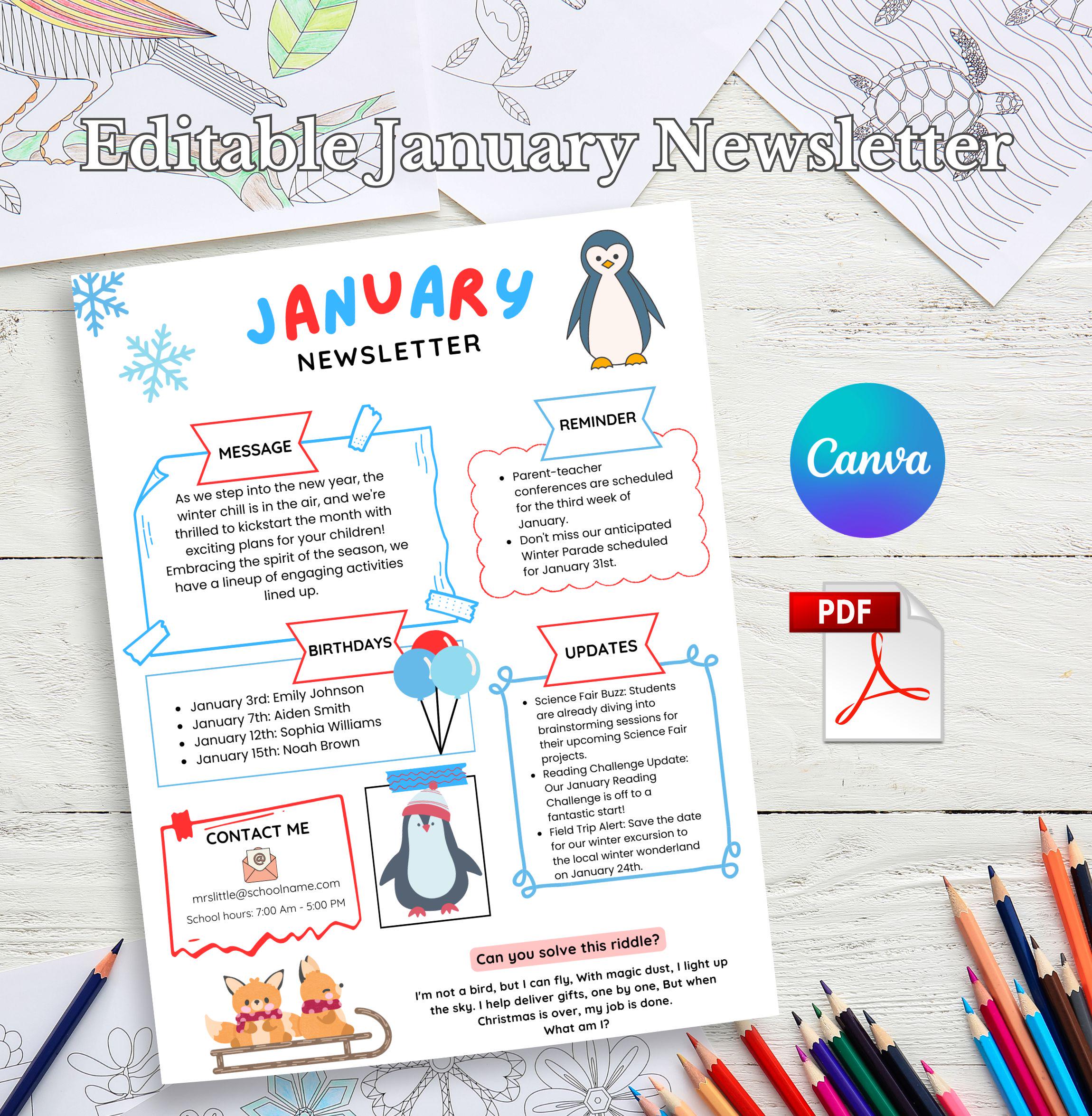 January Newsletter Template, Editable Newsletter, Monthly Newsletter ...