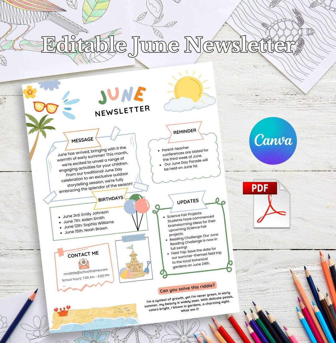 June Newsletter Template, Editable Newsletter, Monthly Newsletter ...
