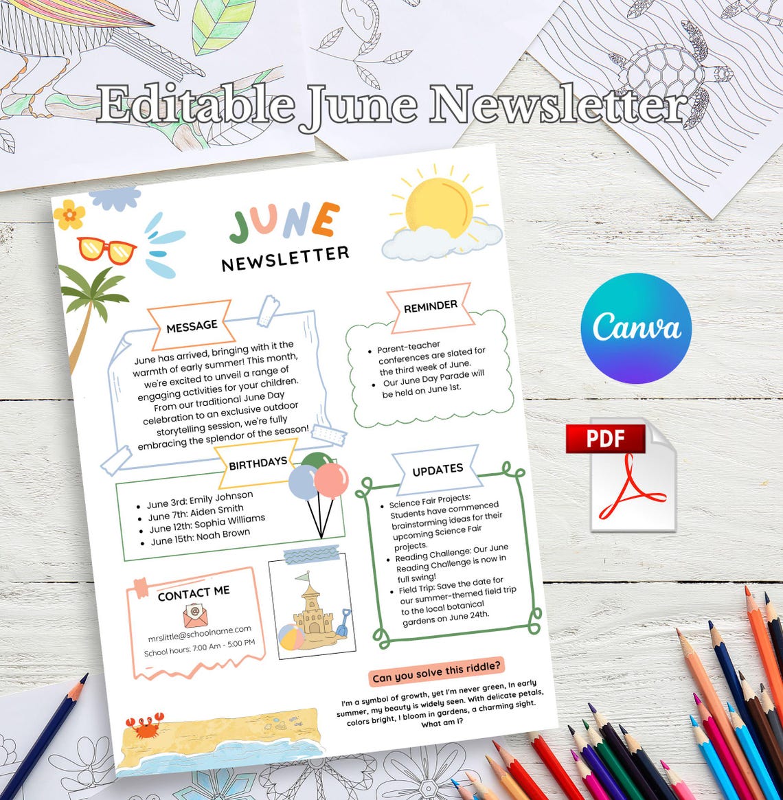June Newsletter Template, Editable Newsletter, Monthly Newsletter ...