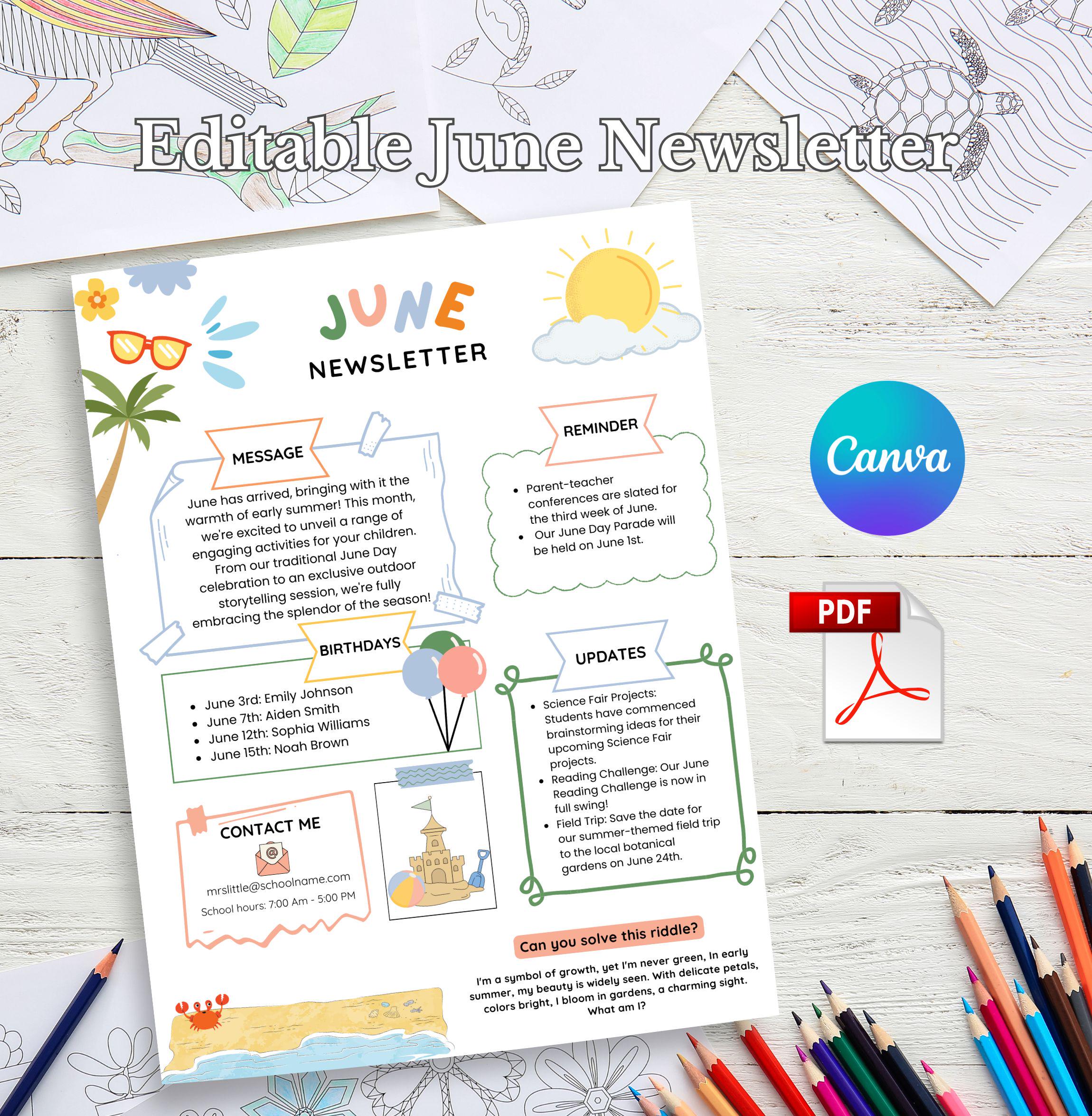 June Newsletter Template, Editable Newsletter, Monthly Newsletter ...