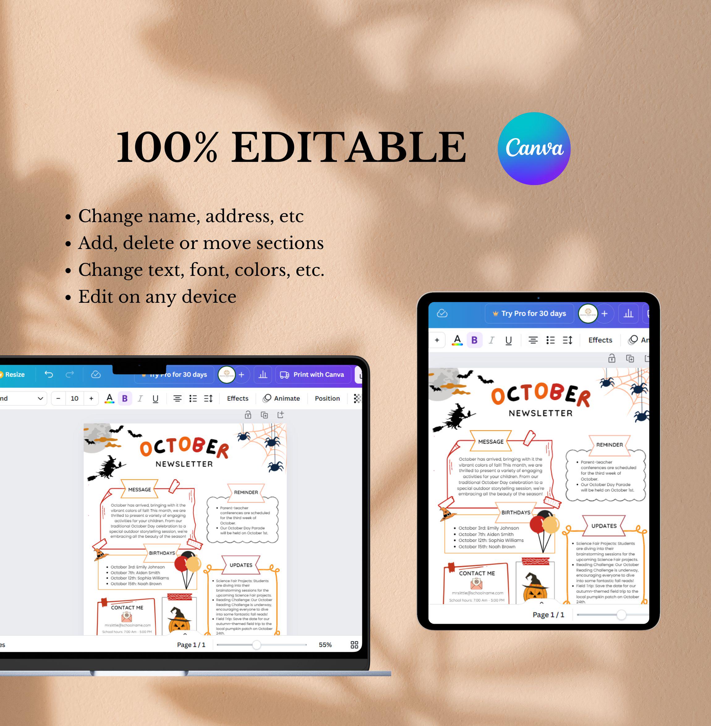 October Newsletter Template, Editable Newsletter, Monthly Newsletter ...