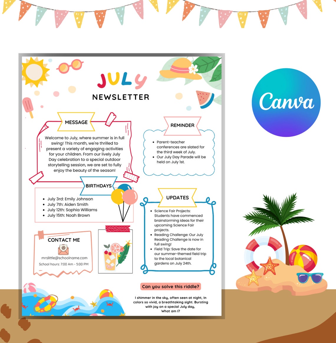 July Newsletter Template, Editable Newsletter, Monthly Newsletter ...