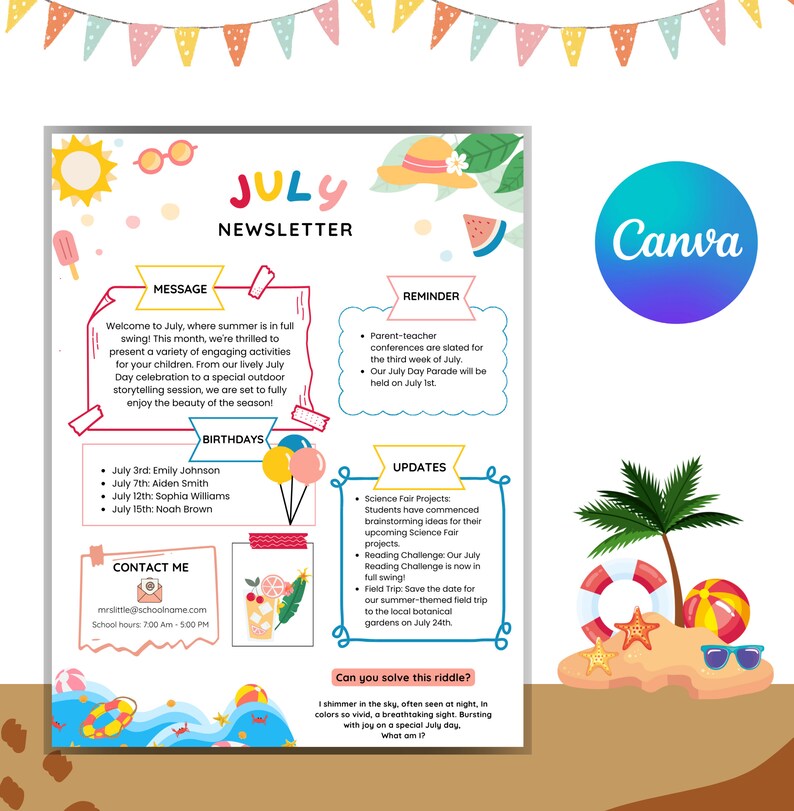 July Newsletter Template, Editable Newsletter, Monthly Newsletter ...