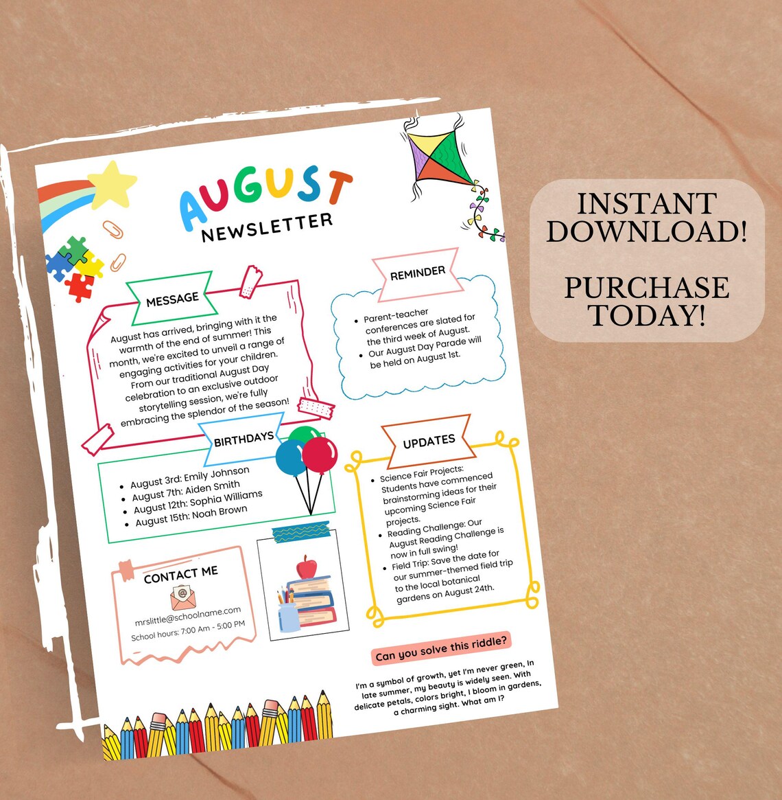 August Newsletter Template, Editable Newsletter, Monthly Newsletter ...