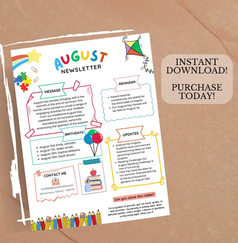 August Newsletter Template, Editable Newsletter, Monthly Newsletter ...