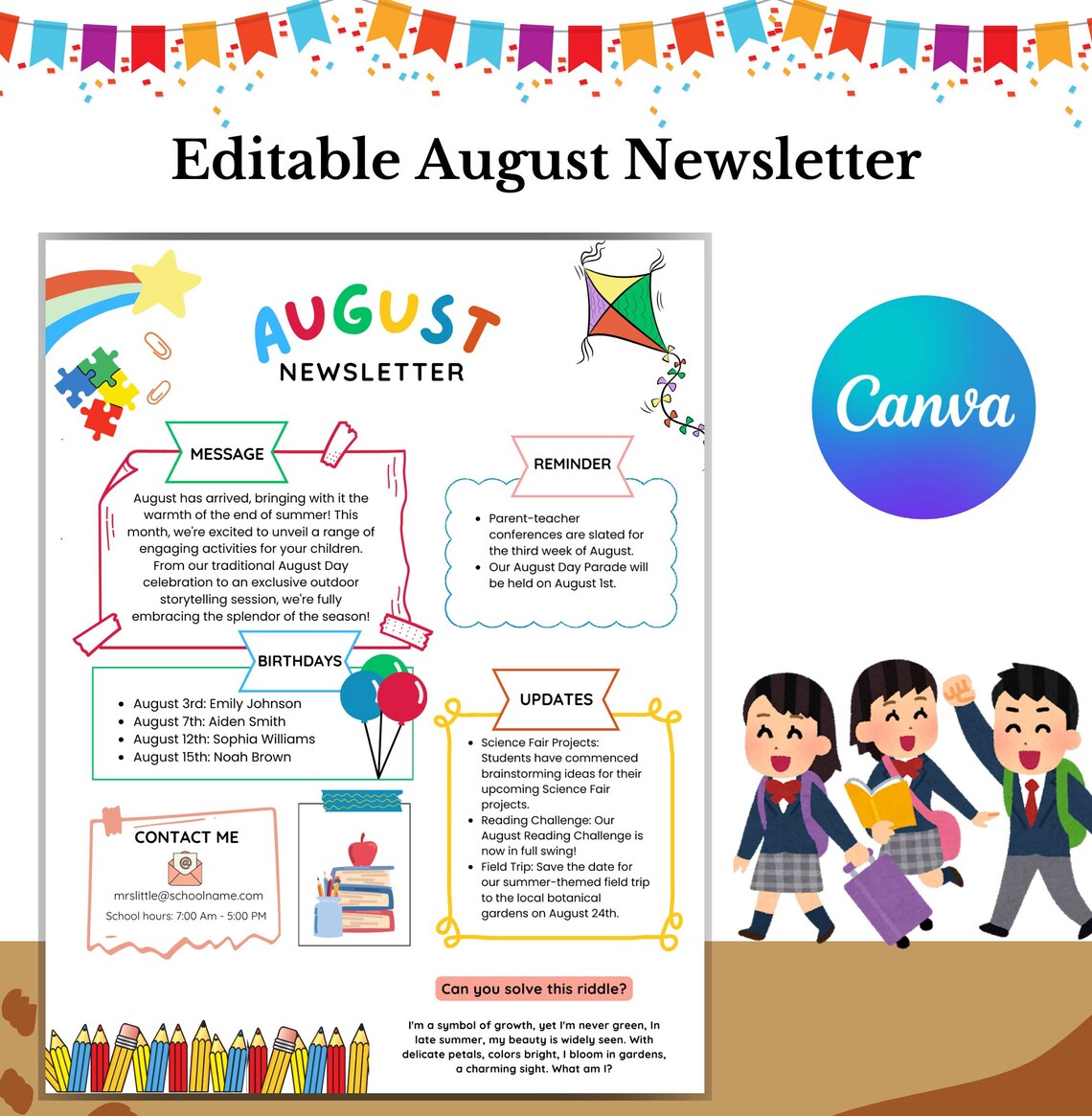 August Newsletter Template, Editable Newsletter, Monthly Newsletter ...