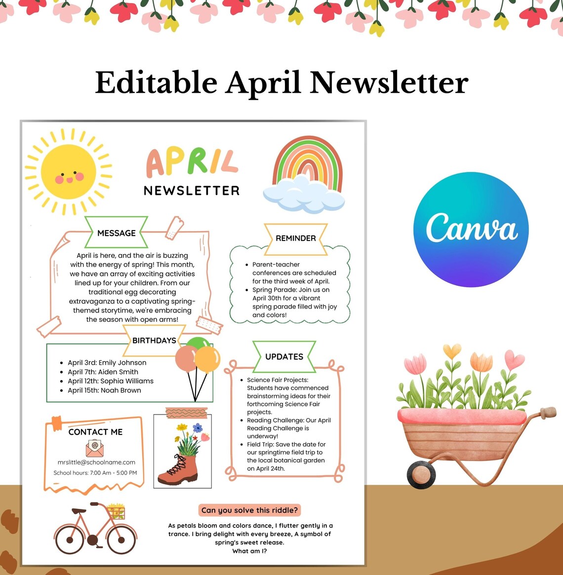 April Newsletter Template, Editable Newsletter, Monthly Newsletter ...