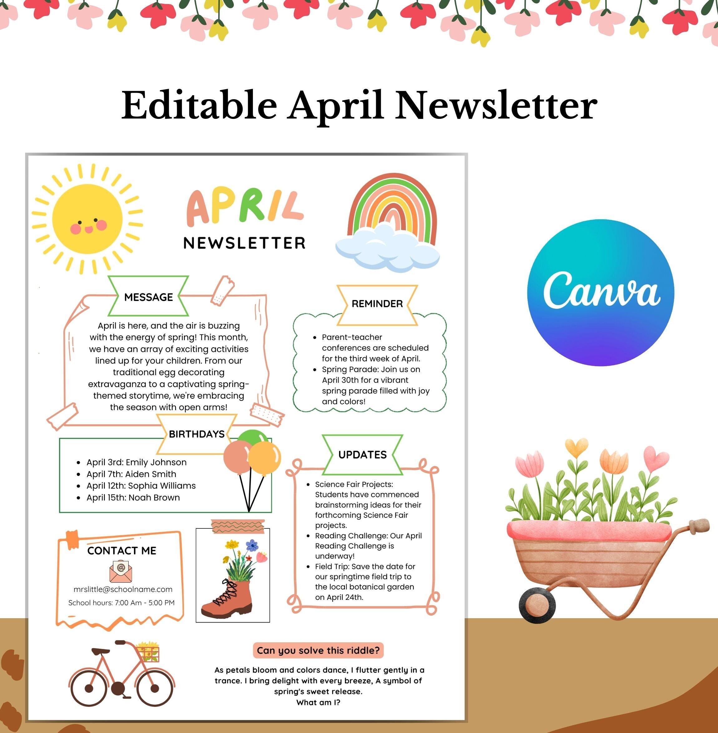 April Newsletter Template, Editable Newsletter, Monthly Newsletter ...
