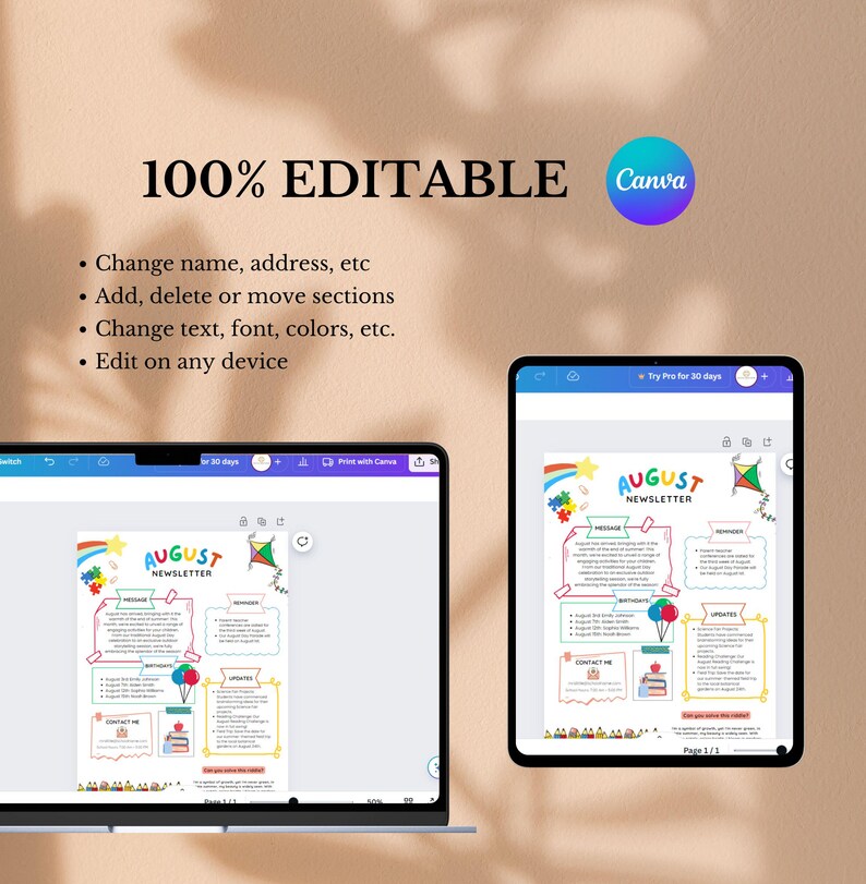 August Newsletter Template, Editable Newsletter, Monthly Newsletter ...