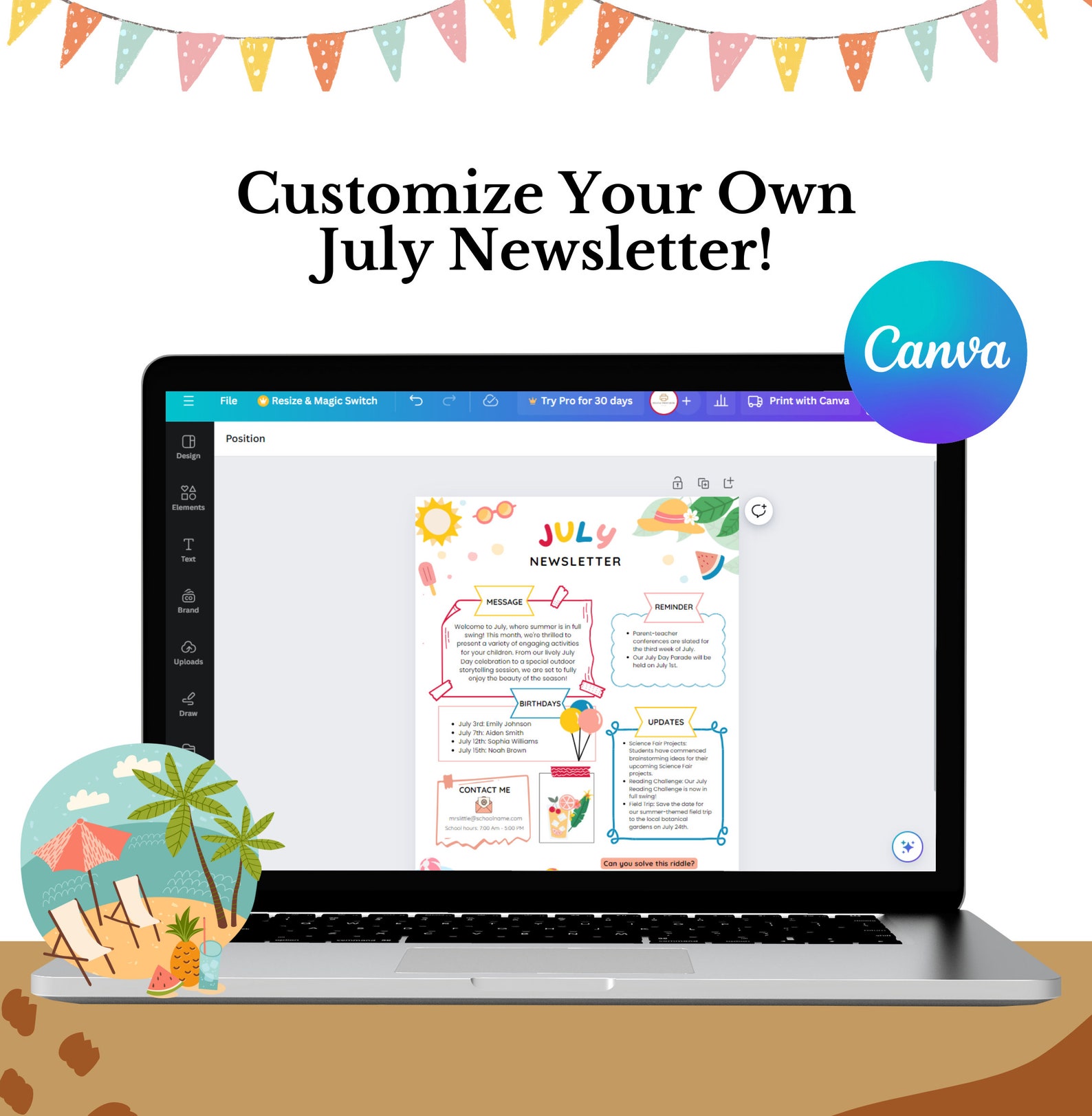 July Newsletter Template, Editable Newsletter, Monthly Newsletter ...