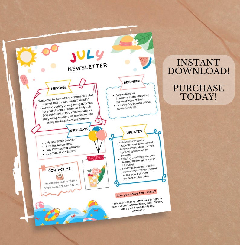 July Newsletter Template, Editable Newsletter, Monthly Newsletter ...