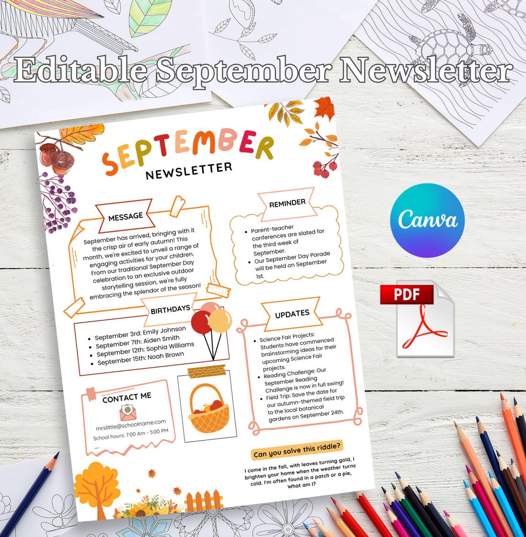 September Newsletter Template, Back to School Newsletter, Editable ...