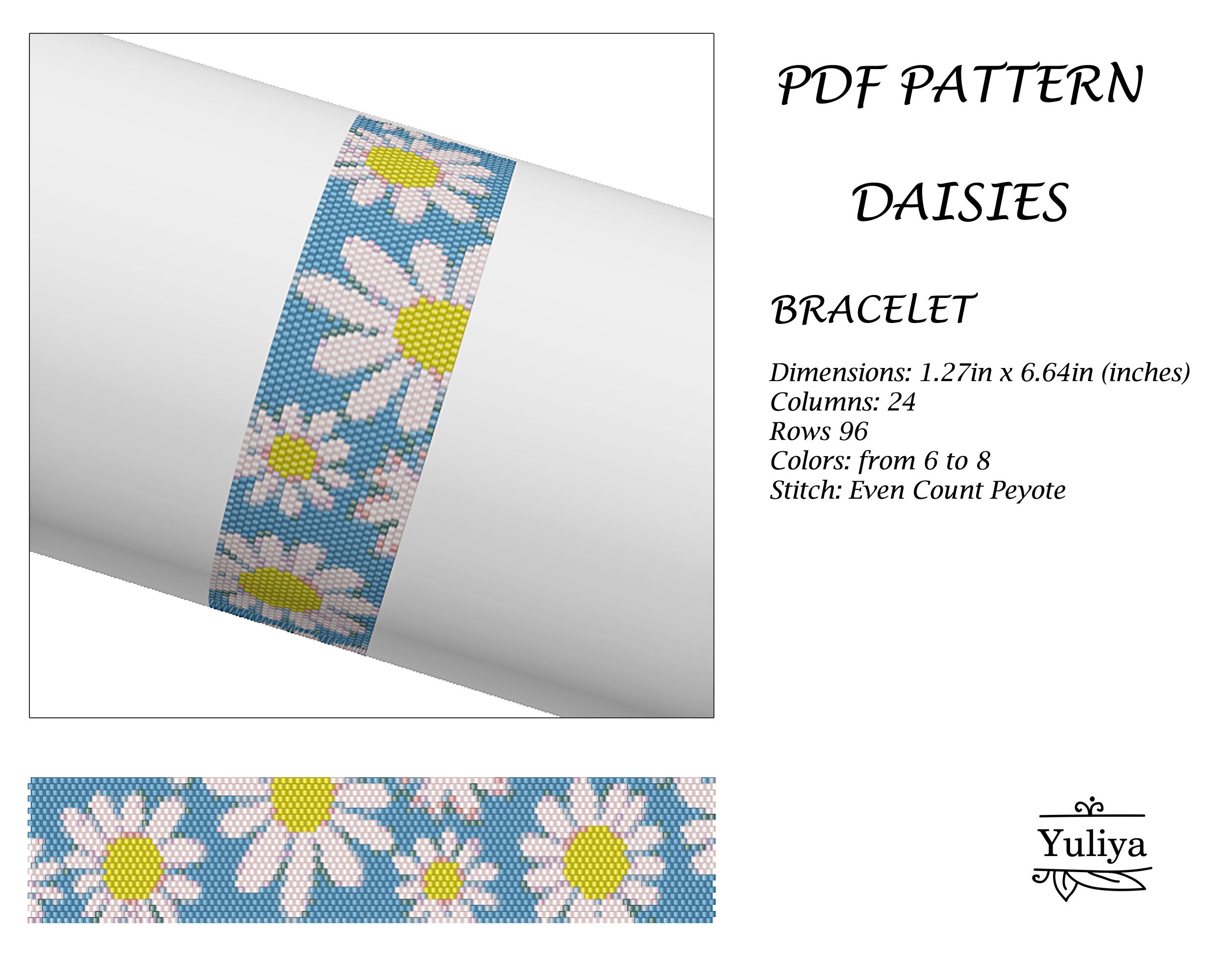 Daisy Peyote Bracelet Pattern, Floral Peyote Bracelet, Beaded Bracelet ...