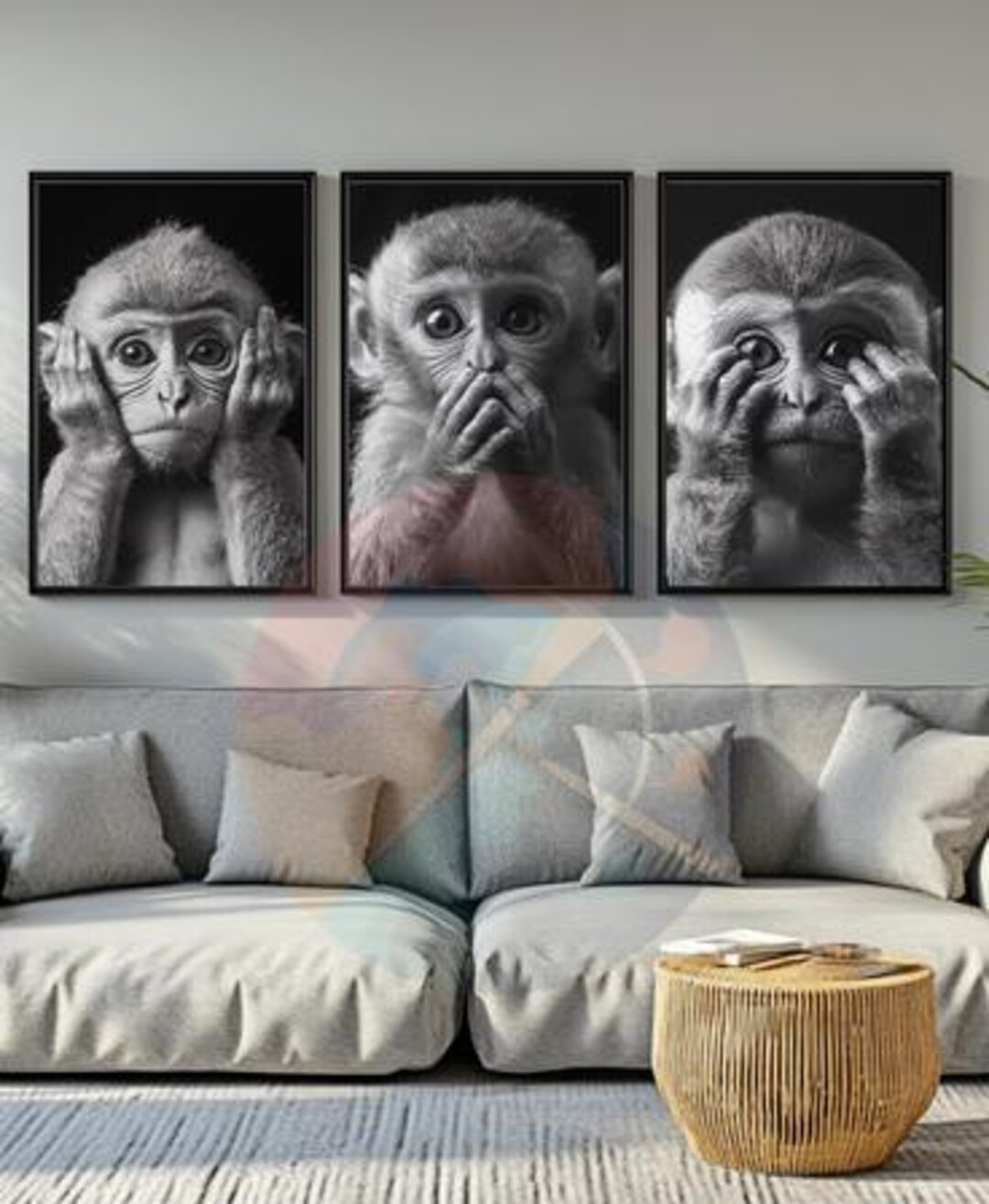 Printable Digital Wall Art Set, 3 Cute Monkeys. Downloadable Art. Don't See Don't Hear Don't ...