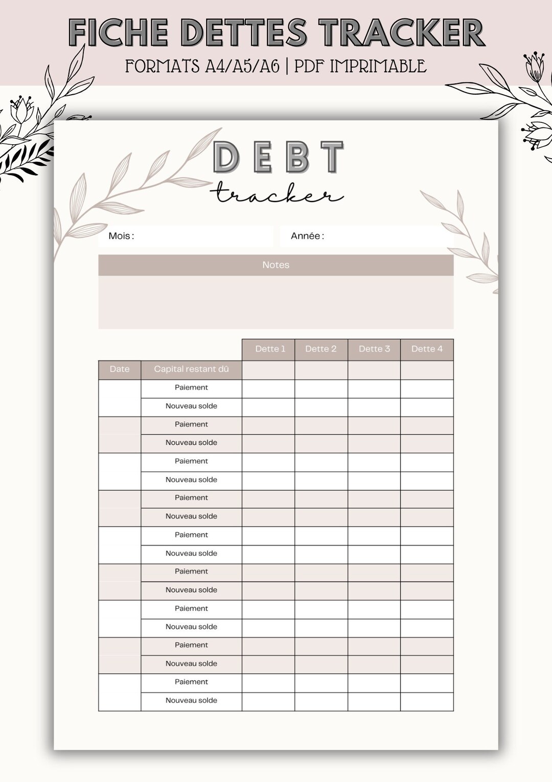 Printable French Debt Tracker Sheet A6/A5/A4, PDF to Download, Budget ...