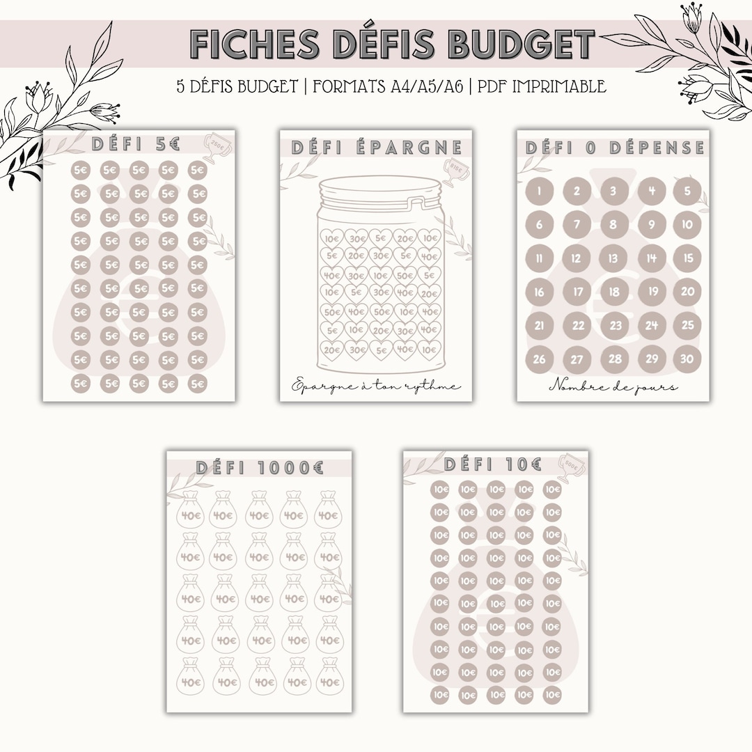 Lot de 5 fiches défis budget A6/A5/A4 beige imprimables, PDF à ...