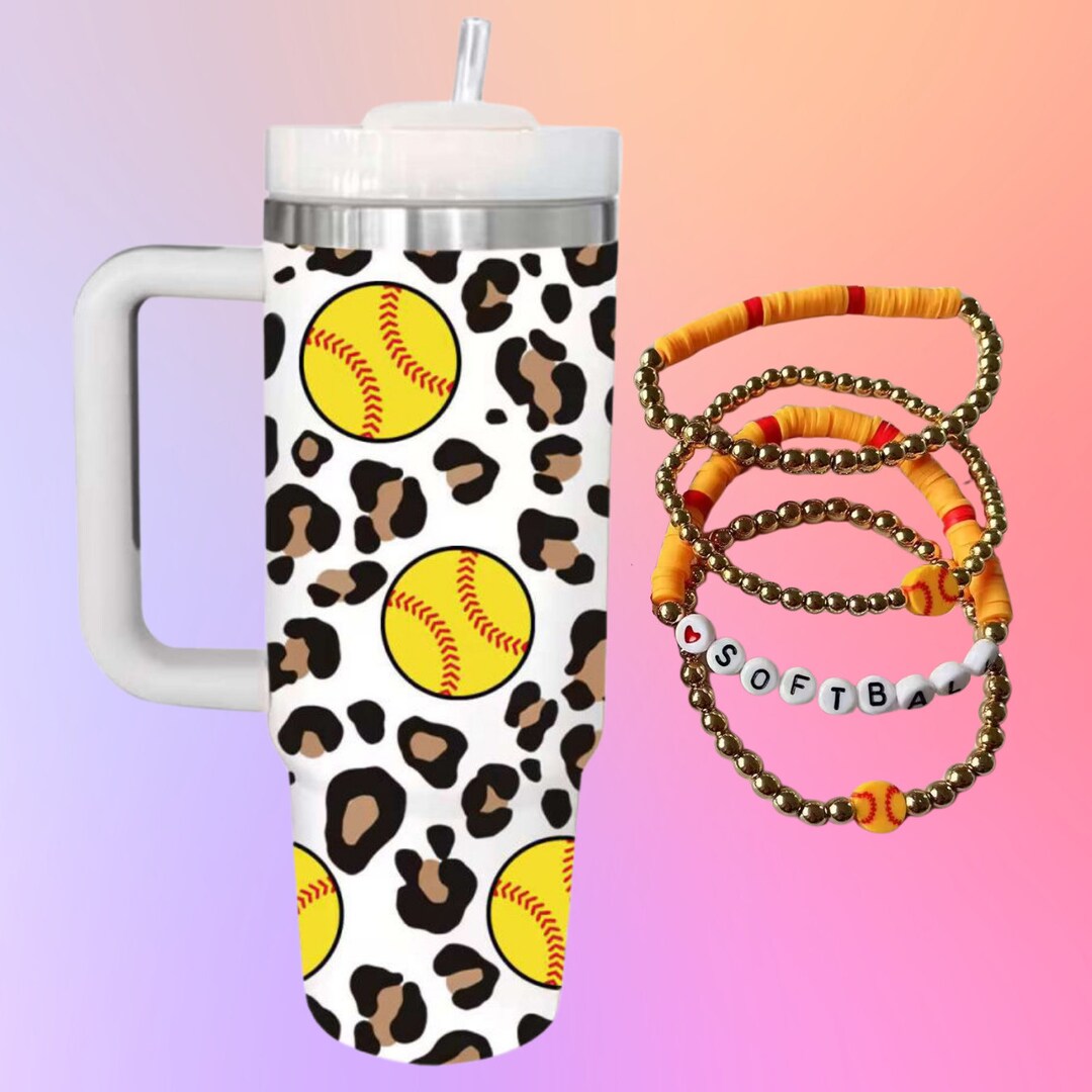 Softball Stanley Inspired Tumbler 40oz, Leopard Tumbler, Cute Softball ...