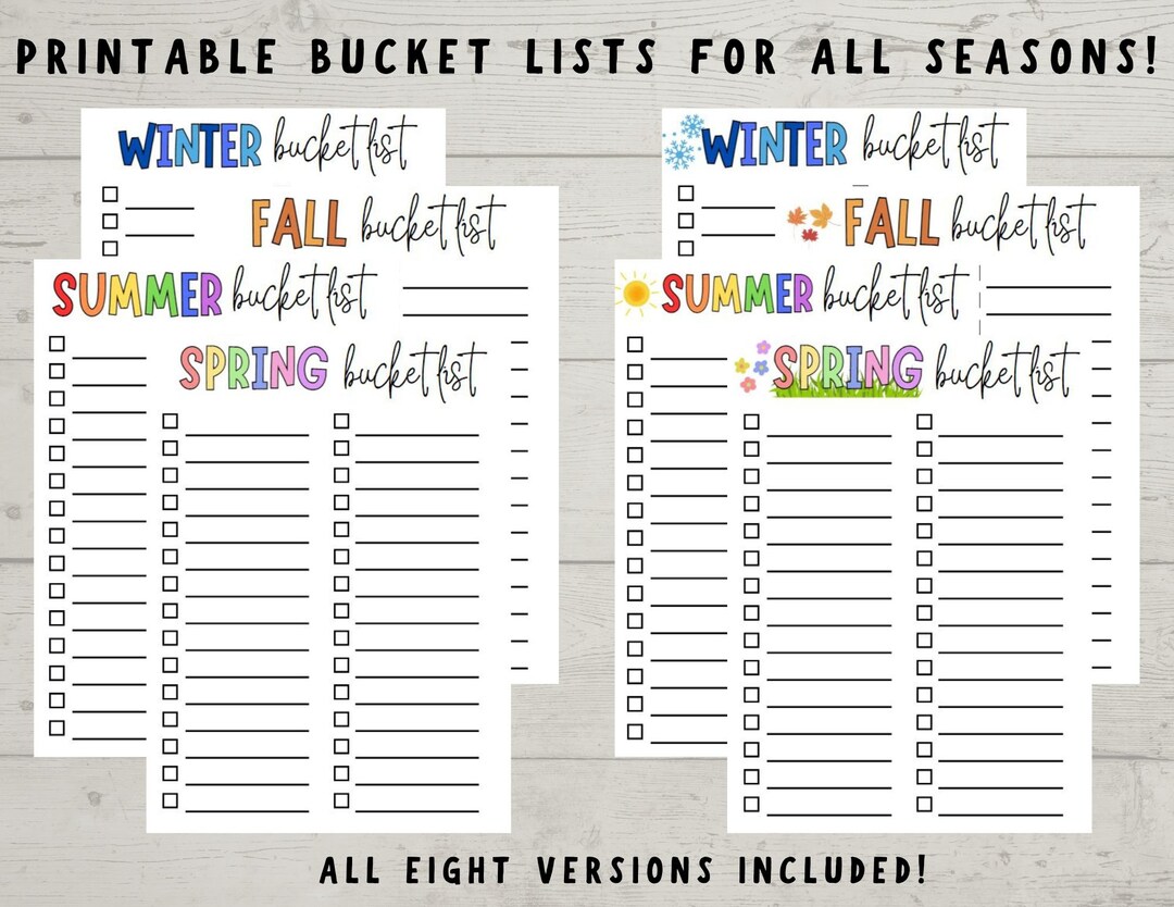 Printable Spring Summer Fall Winter Bucket Lists, Activities for Kids ...
