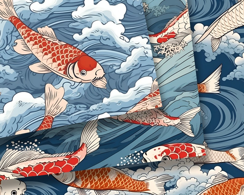 Koi Fish in Katsushika Hokusai's Style Patterns Bundle - Etsy