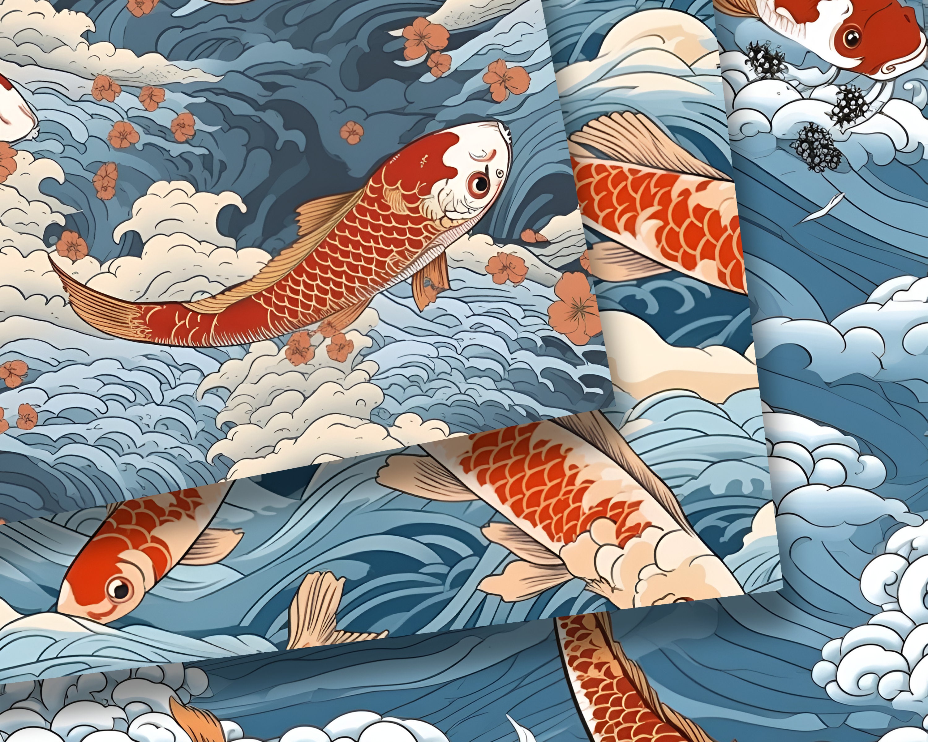 Koi Fish in Katsushika Hokusai's Style Patterns Bundle of 6, Premium ...