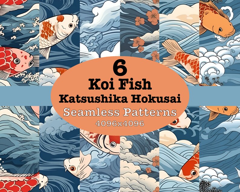 Koi Fish in Katsushika Hokusai's Style Patterns Bundle - Etsy