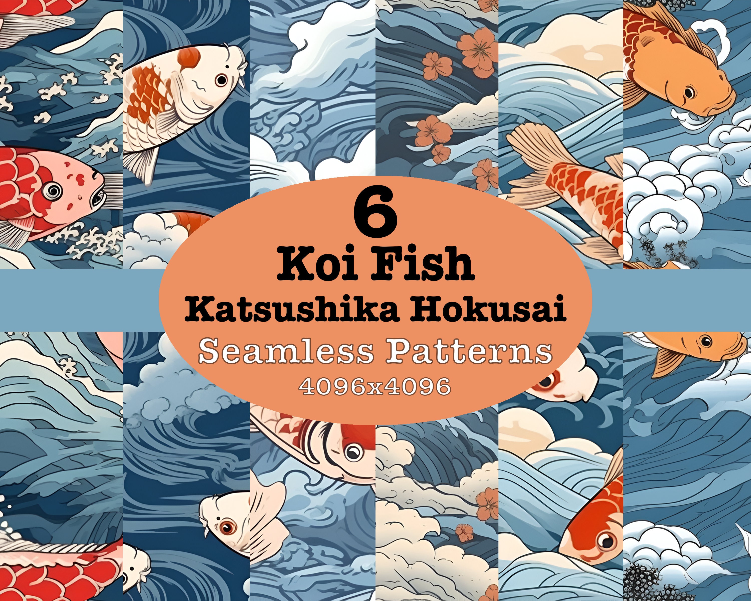 Koi Fish in Katsushika Hokusai's Style Patterns Bundle of 6, Premium ...