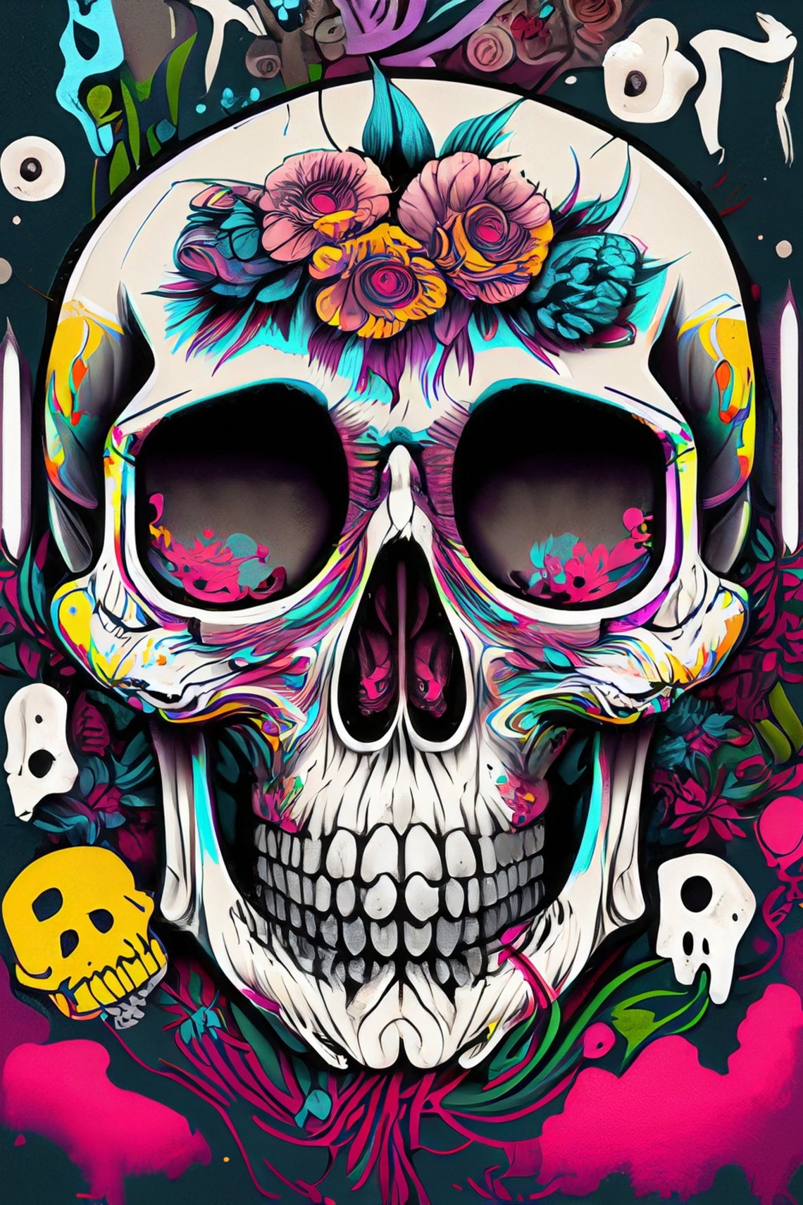 Modern Day Skull Art Skull With Flowers Living Room Wall Art Modern Art ...