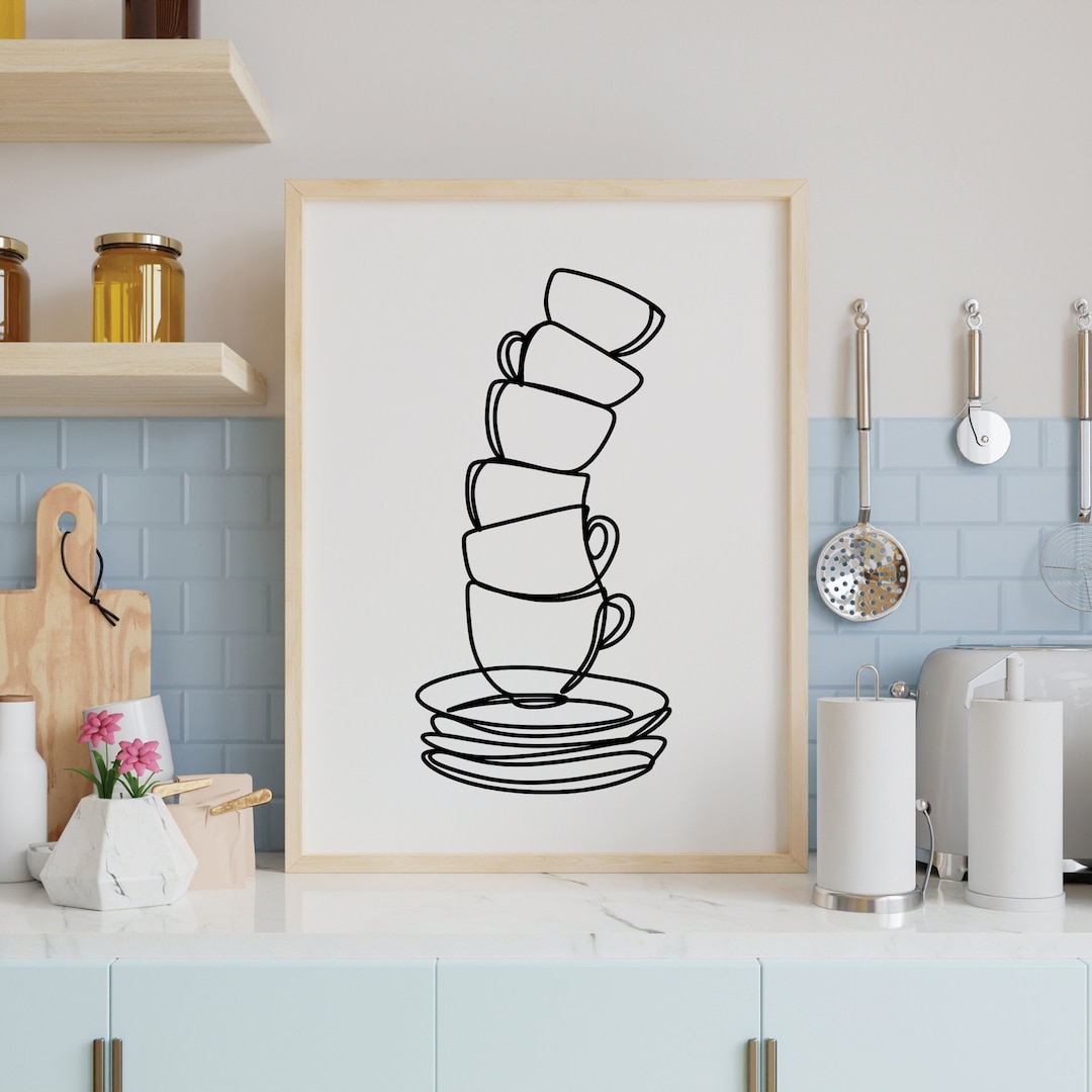 Stack of Cup, Line Art, Kitchen Print, One Line Drawing, Instant ...