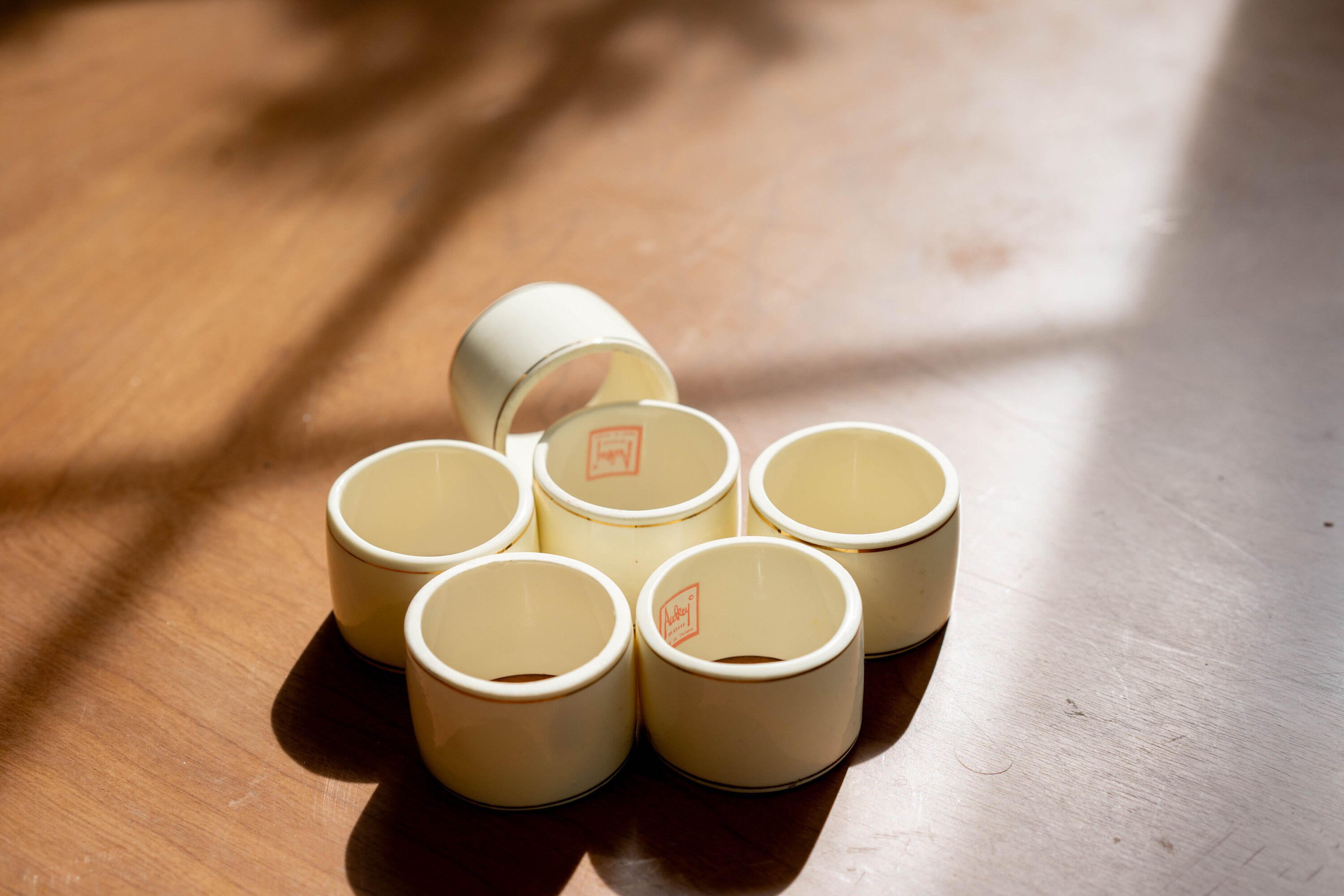 Napkin Rings 6 Vintage Audrey Taiwan Bone China White Gold Stripes 1.25 ...