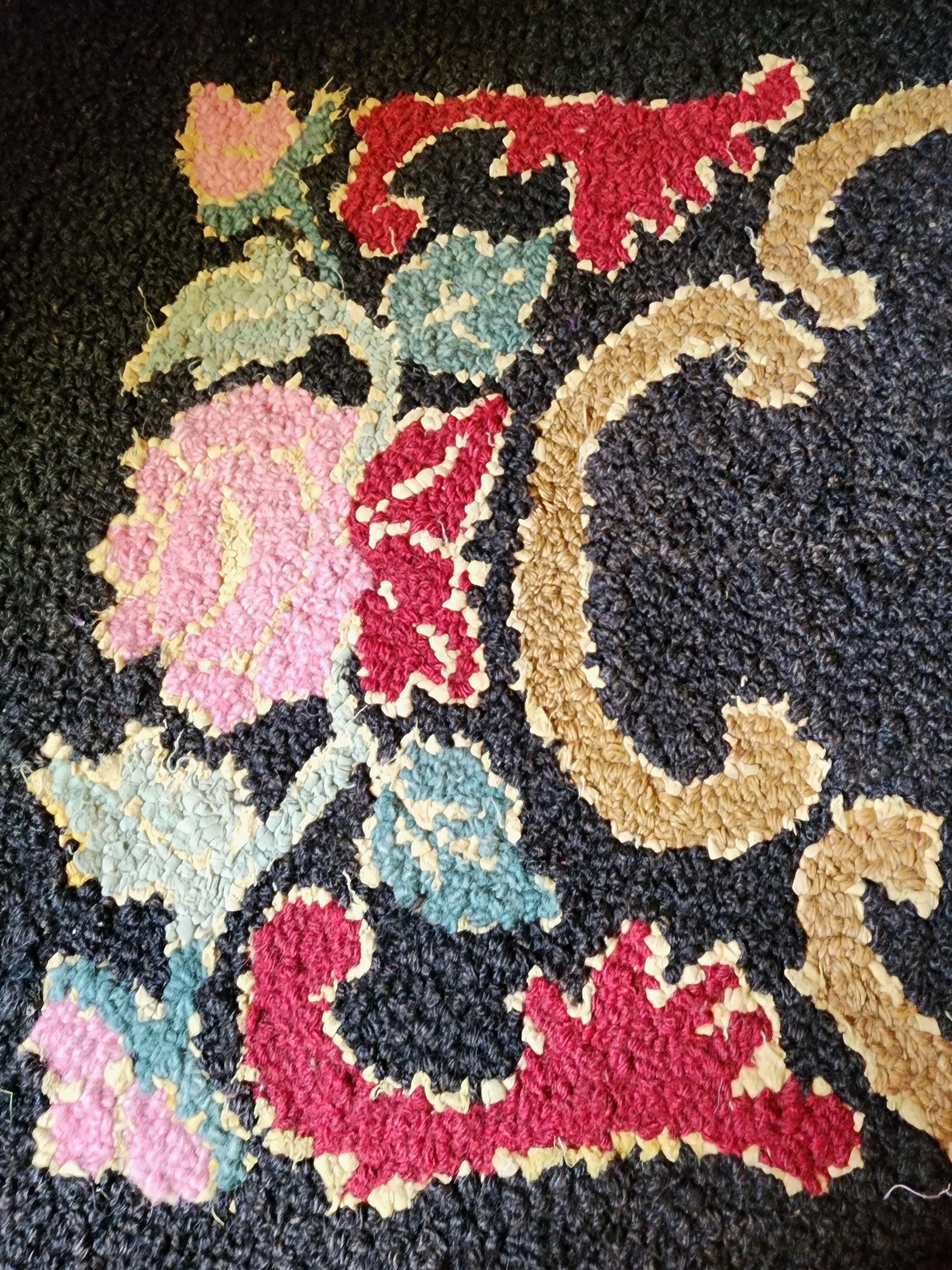 Antique Primitive Wool Hooked Rug, With a Black Background and Colorful ...