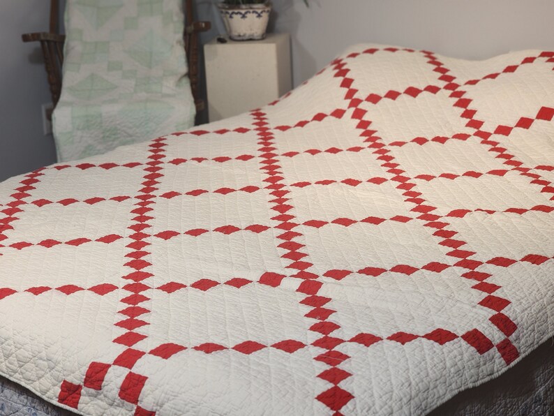 Antique Vintage Red and White Irish Chain Quilt Hand Quilted Display ...