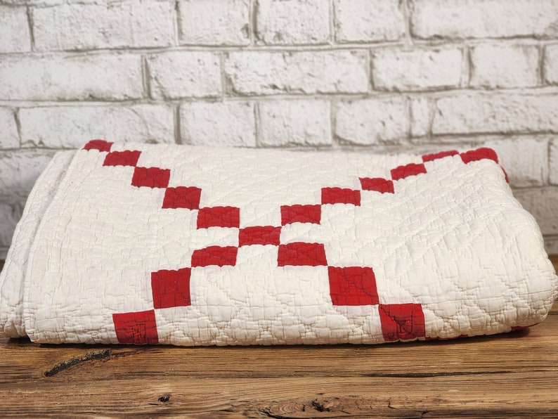 Antique Vintage Red and White Irish Chain Quilt Hand Quilted Display ...
