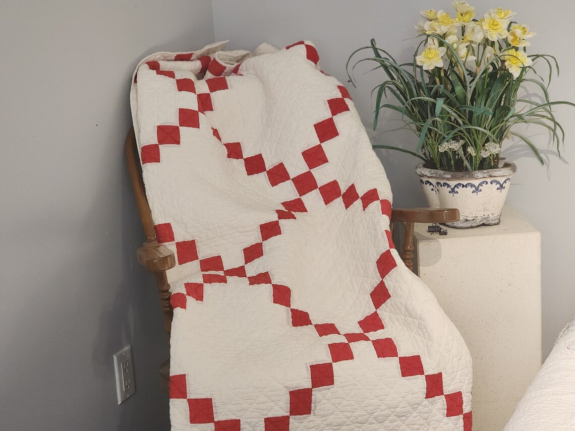 Antique Vintage Red and White Irish Chain Quilt Hand Quilted Display ...