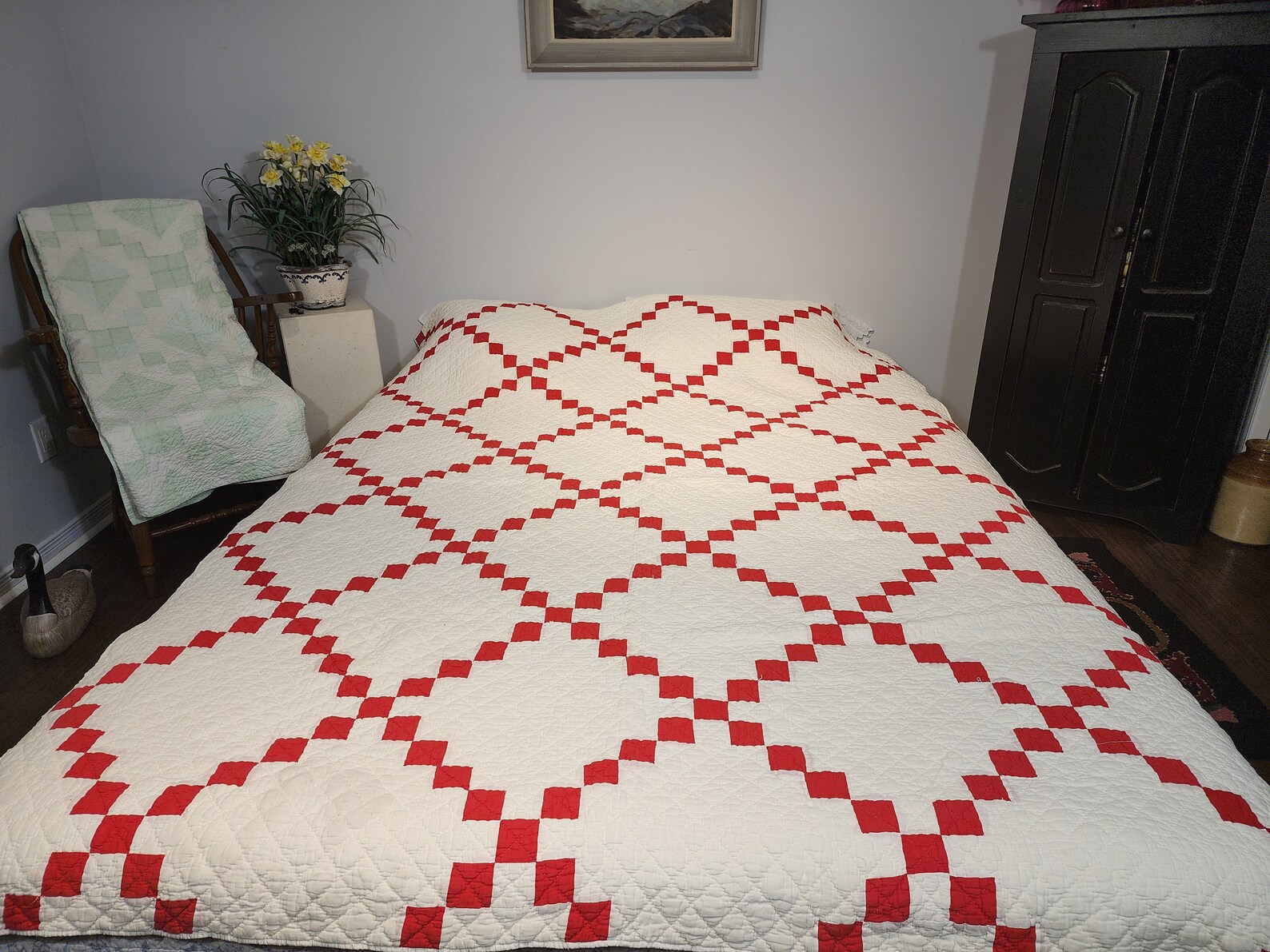 Antique Vintage Red and White Irish Chain Quilt Hand Quilted Display ...
