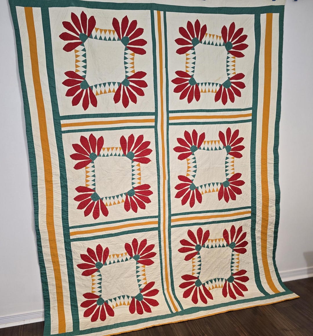 Antique 19th Century Whig Rose Quilt | Red & Green Appliqué | Hand ...