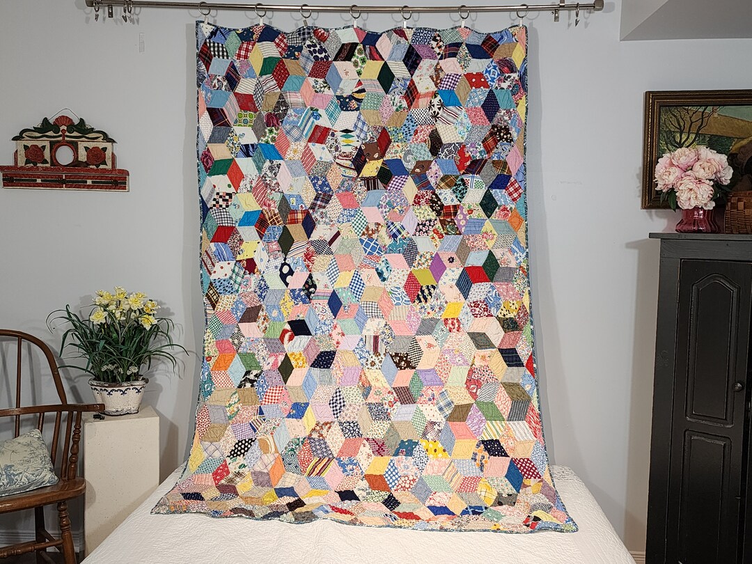 Antique Vintage Tumbling Block Quilt Hand Quilted Heavy Weight Rustic ...